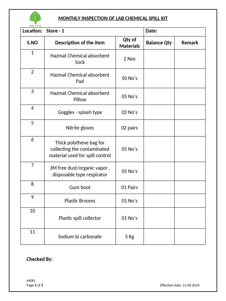 Monthly Inspection of Spill Controll Kit | PDF