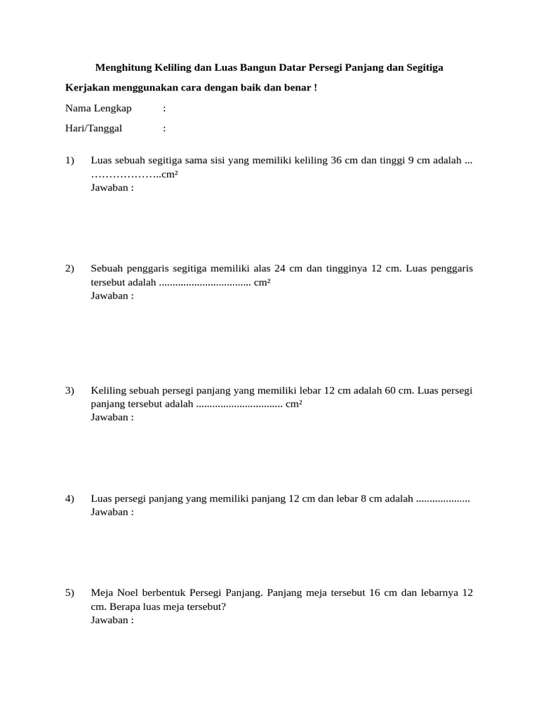 Tugas Kelas V Luas Dan Keliling Segitiga, Persegi Panjang | PDF