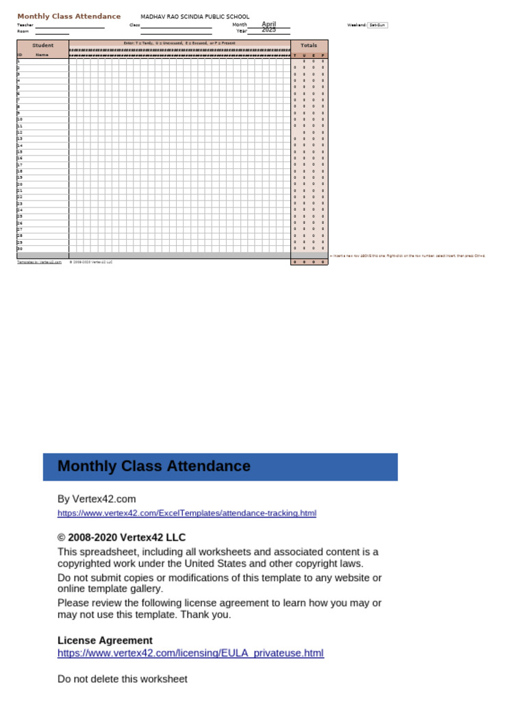 Monthly Class Attendance Tracker | PDF