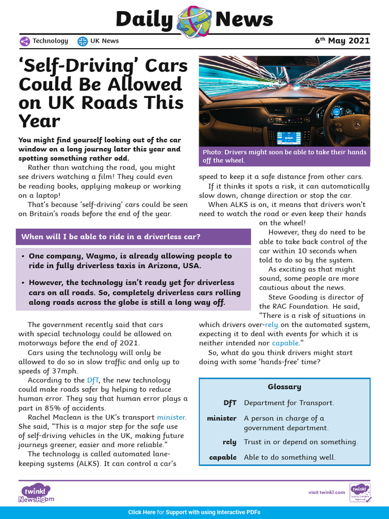 2a. Daily Article - Self Driving Cars On UK Motorways - UKS2 (9-11 ...