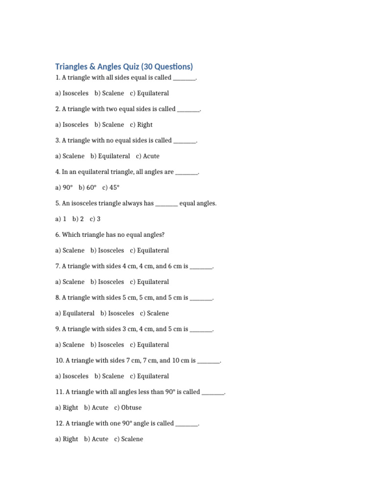 Triangles and Angles Quiz | PDF | Triangle | Geometric Shapes