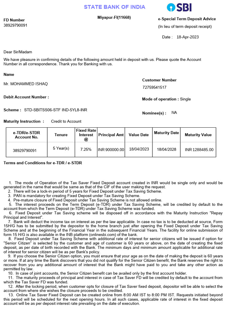 Sbi Fd Deposit | PDF | Money | Banking