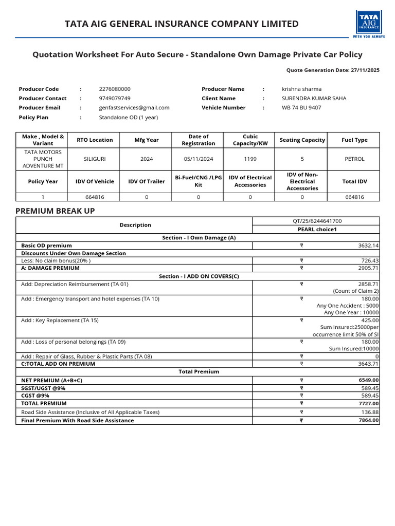 Standalone OD Car Insurance Quote | PDF | Insurance | Land Vehicles