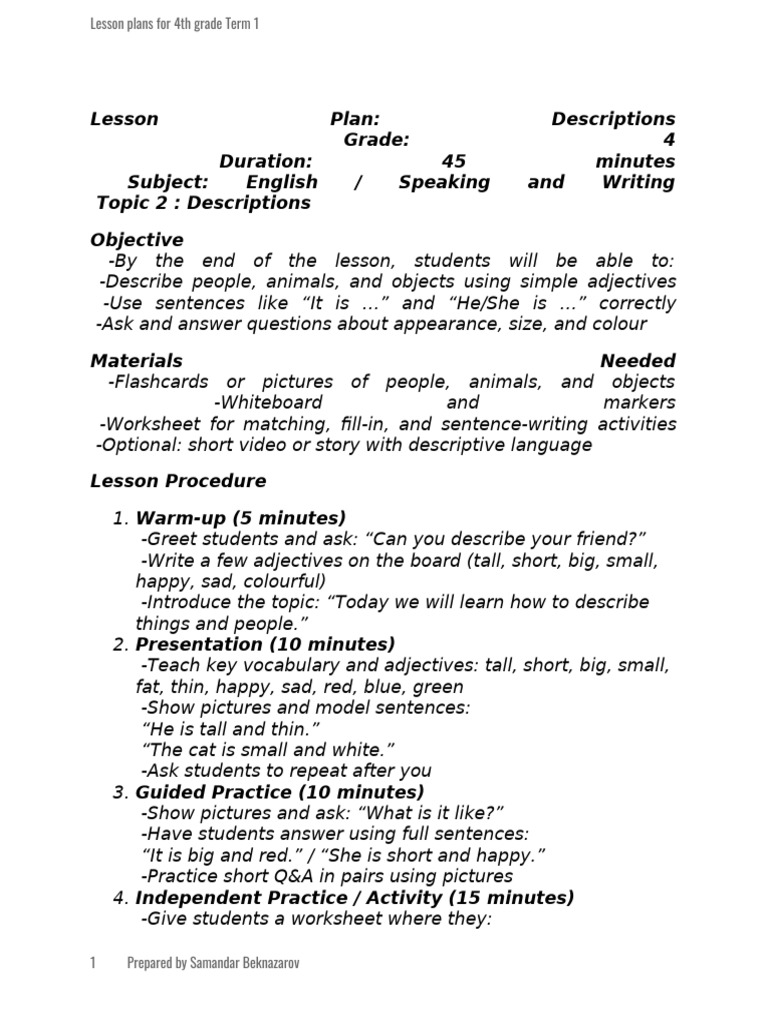 Lesson Notes For 4th Grade Term 1 | PDF | Lesson Plan | English Language