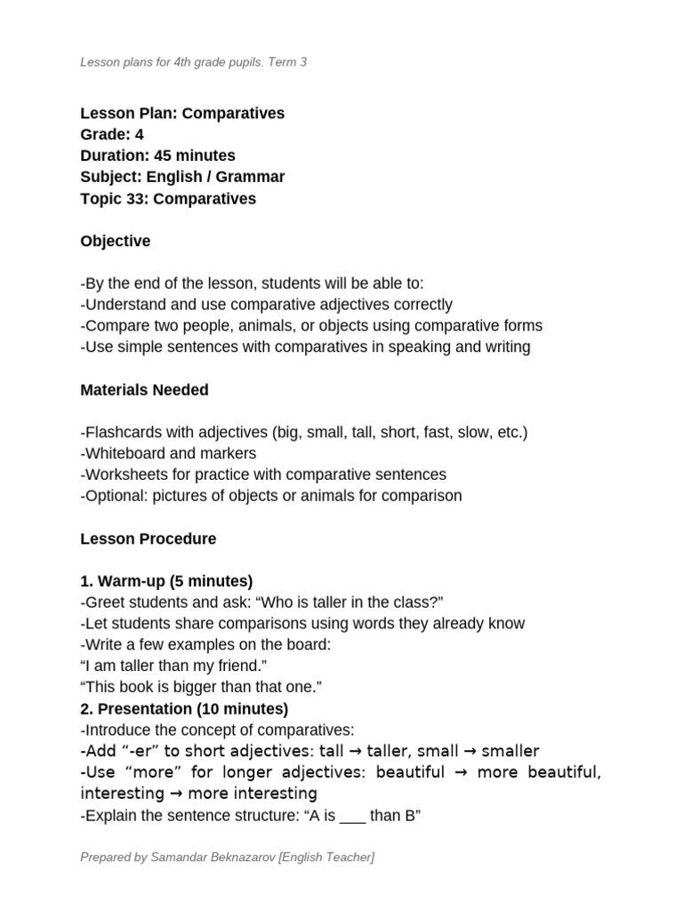 4th Grade English Lesson Plans Term 3 | PDF | Lunch | Lesson Plan