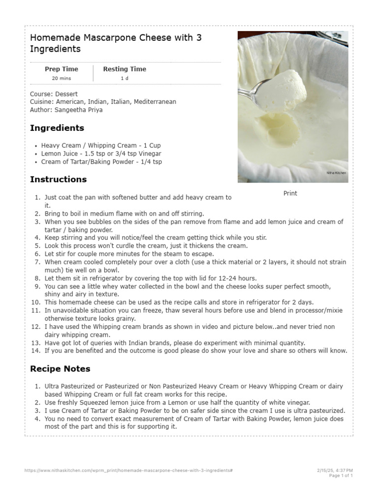 Homemade Mascarpone Cheese With 3 Ingredients - Nitha Kitchen | PDF ...