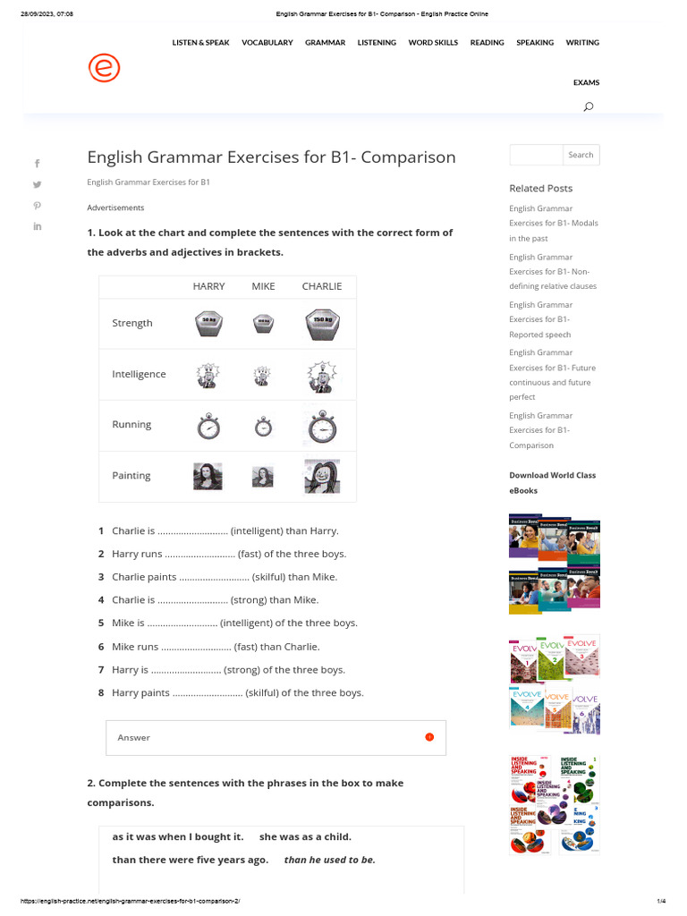 B1 English Grammar: Comparison Exercises | PDF | English Grammar | Adverb