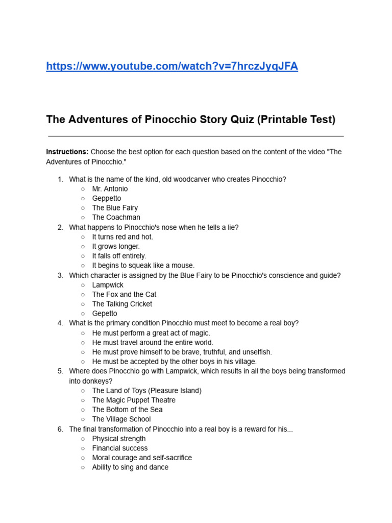 Pinocchio Story Quiz: Printable Test | PDF | Pinocchio | Fictional ...