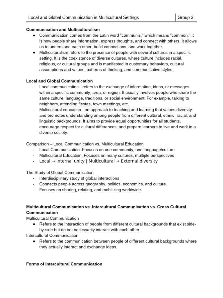 Local and Global Communication in Multicultural Settings Group 3 | PDF ...