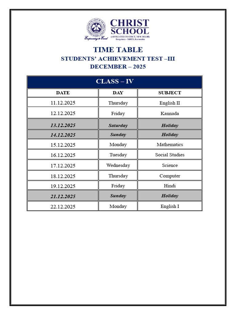 Class IV Achievement Test Schedule 2025 | PDF