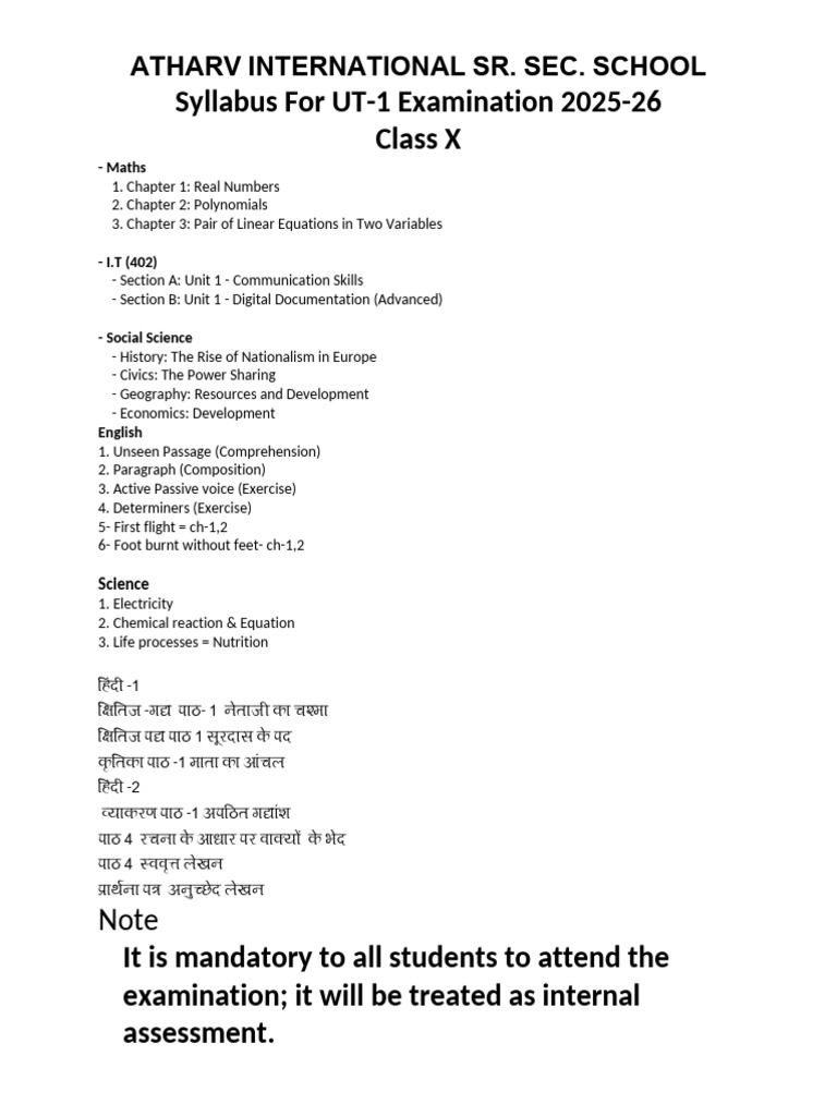 Class X UT-1 Exam Syllabus 2025-26 | PDF