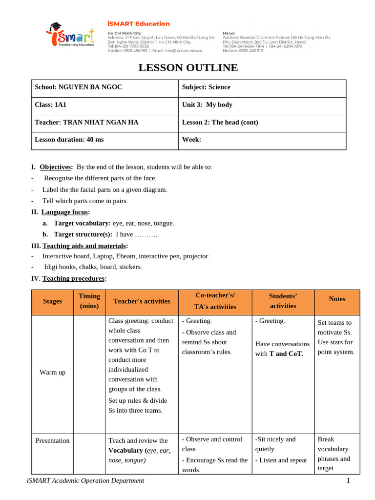 Grade 1 - Week 11 - S1U3L2 The Head (Cont) | PDF | Learning | Linguistics