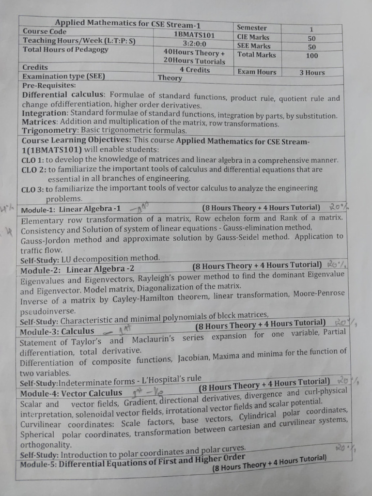 Mathematics Syllabus of 1st Sem CSE Stream | PDF | Matrix (Mathematics) | Linear Algebra