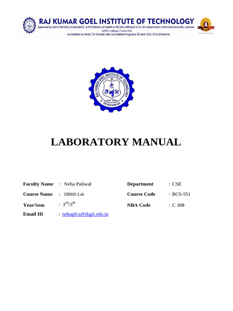 DBMS Lab Manual-1 - 2025-26 | PDF | Databases | Sql