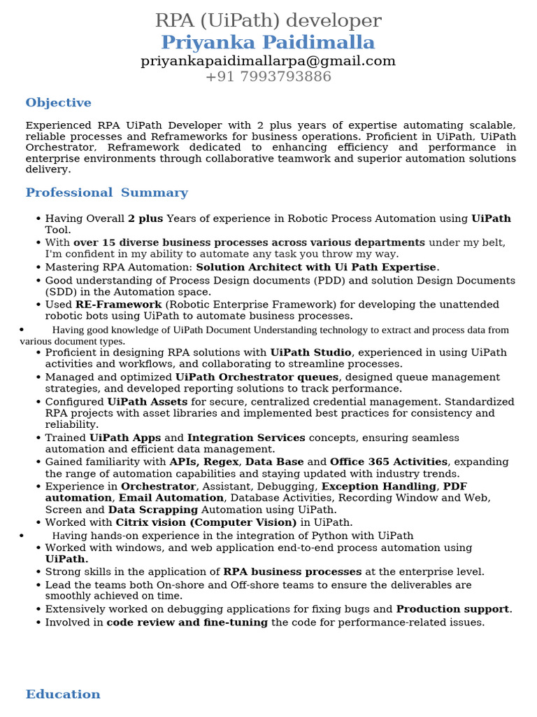 Priyanka Paidimalla RPA UiPath Resume 2 Exp | PDF | Optical Character ...