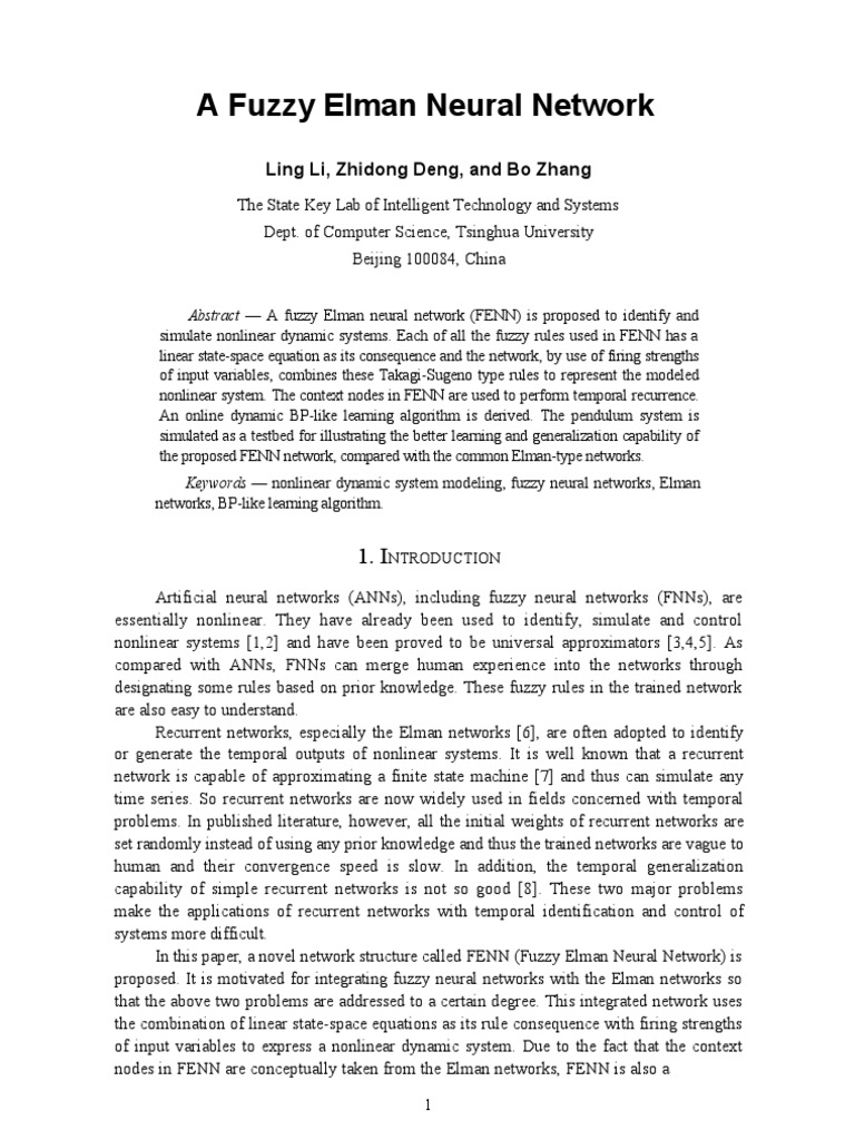 Fenn A Fuzzy Elman Neural Network For Nonlinear Dynamic Systems Pdf Artificial Neural