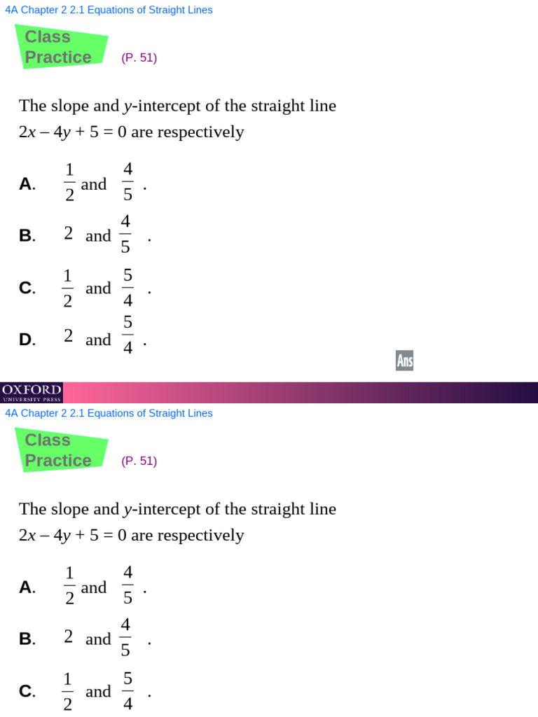 The Slope and - Intercept of The Straight Line 2 - 4 + 5 0 Are ...