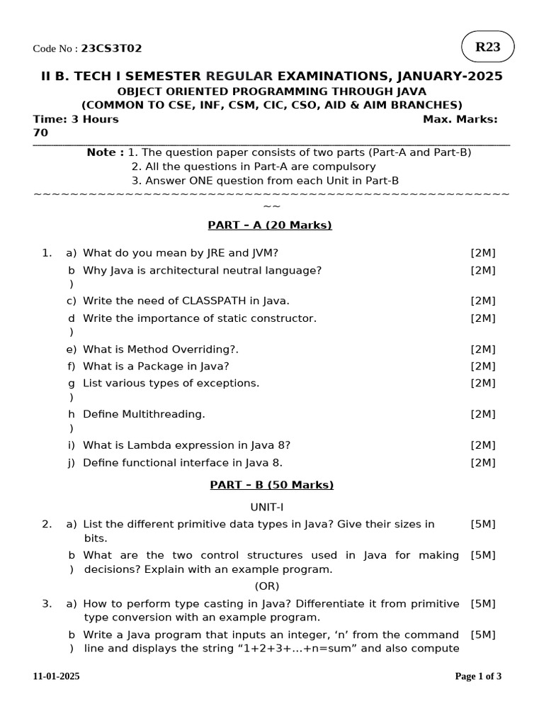 R23 - CSE, INF, CSM, CIC, CSO, AID & AIM - 23CS3T02 - OOPS THROUGH JAVA ...