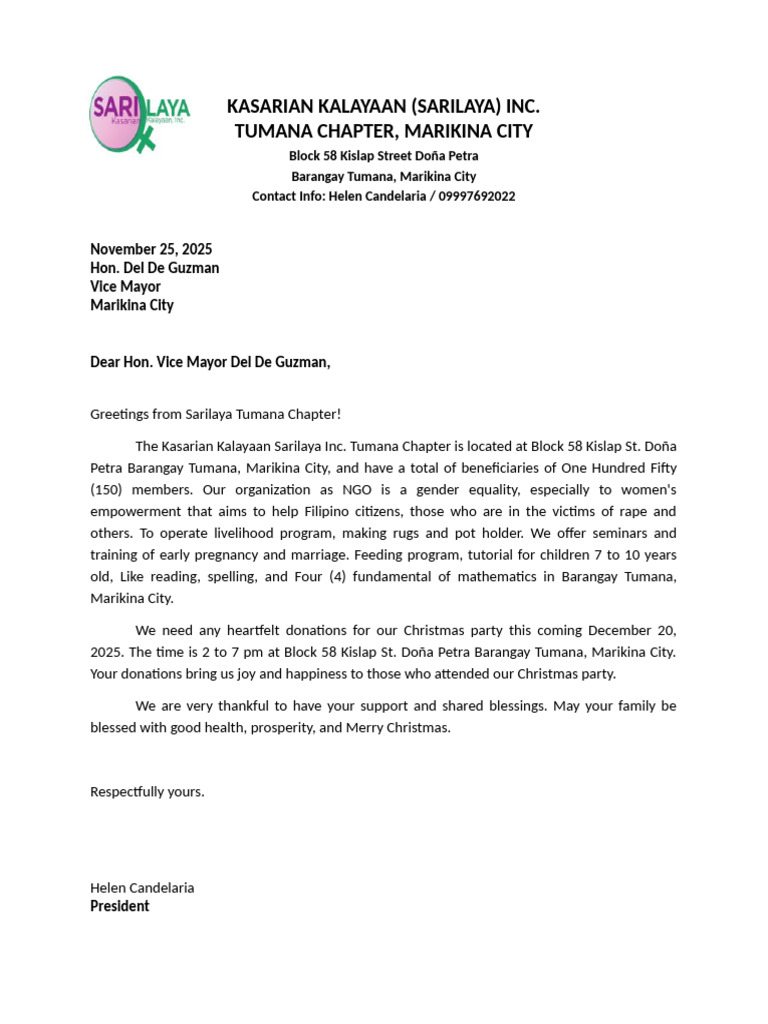 Solicitation Letter For Christmas Party Sarilaya | PDF