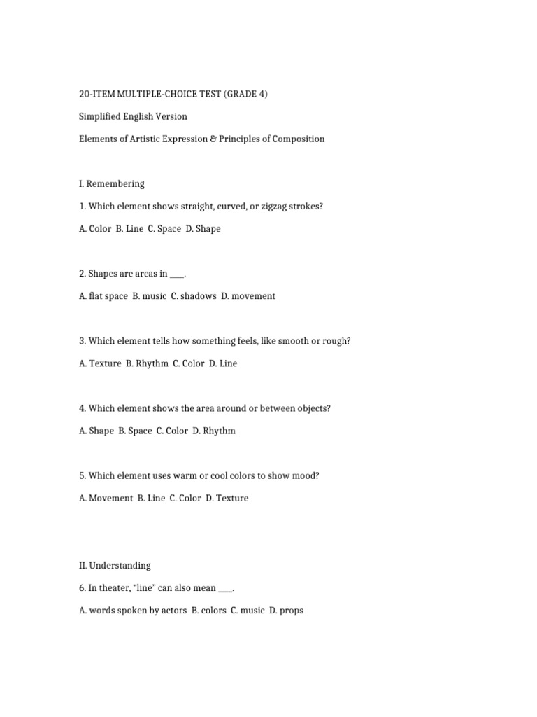Grade 4 Art Elements Test Guide | PDF | Composition (Visual Arts) | The ...