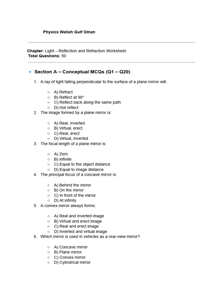 Revision of Light Chapter For Wadikabeer 10th A - B | PDF | Mirror | Optics