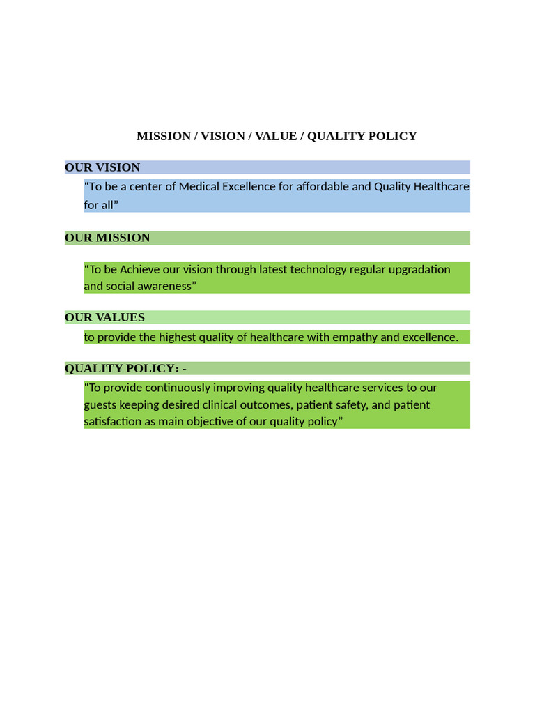Mission, Vision, Value, Quality Policy | PDF