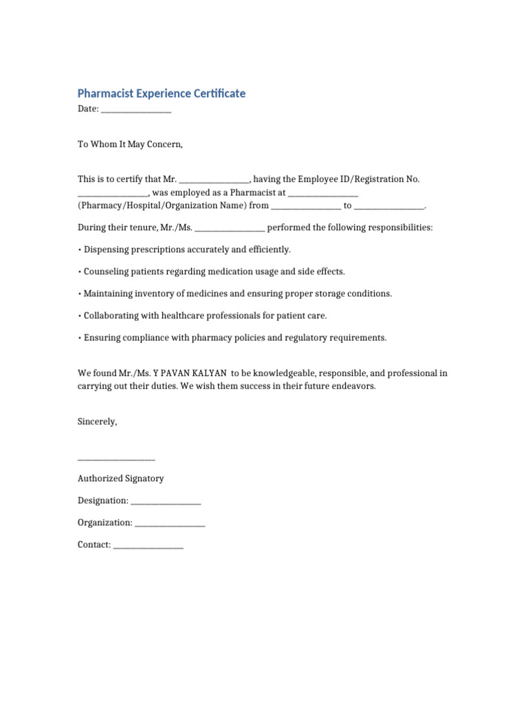 Pharmacist Experience Certification Template | PDF