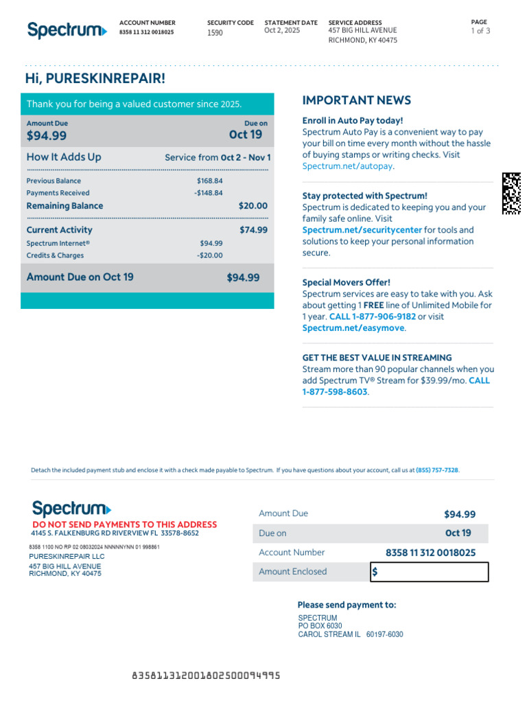 Spectrum Bill Statement Overview | PDF | Cheque | Debit Card