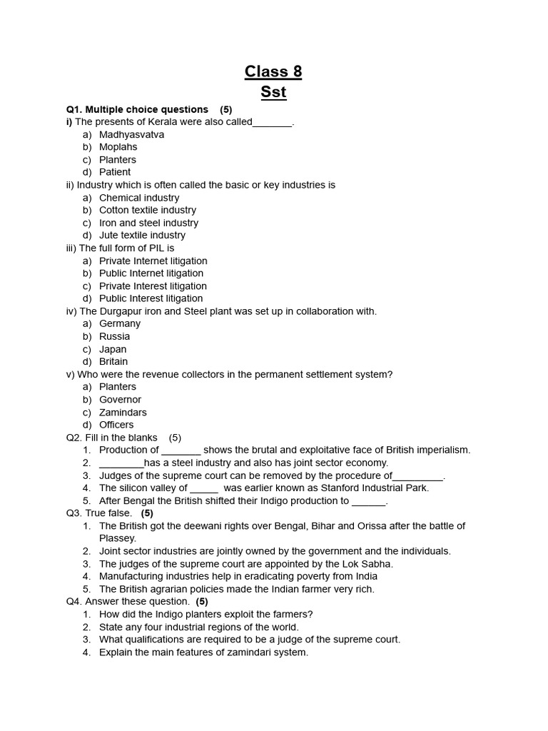 Class 8 SST MCQs and Questions Guide | PDF