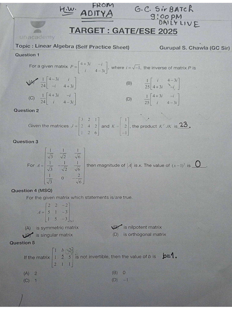 Linear Algebra Practice Answers | PDF
