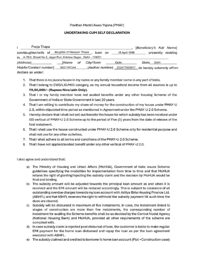 PMAY Undertaking Format (2) | PDF