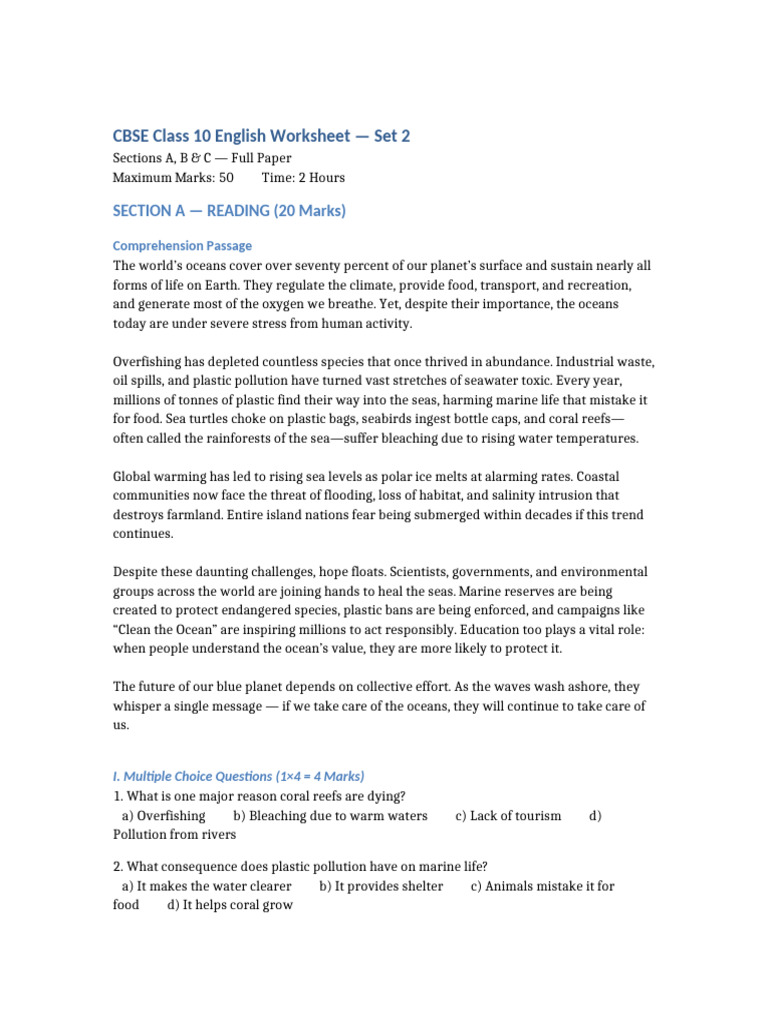 CBSE Class 10 English Worksheet Set 2 | PDF | Sea | Oceans