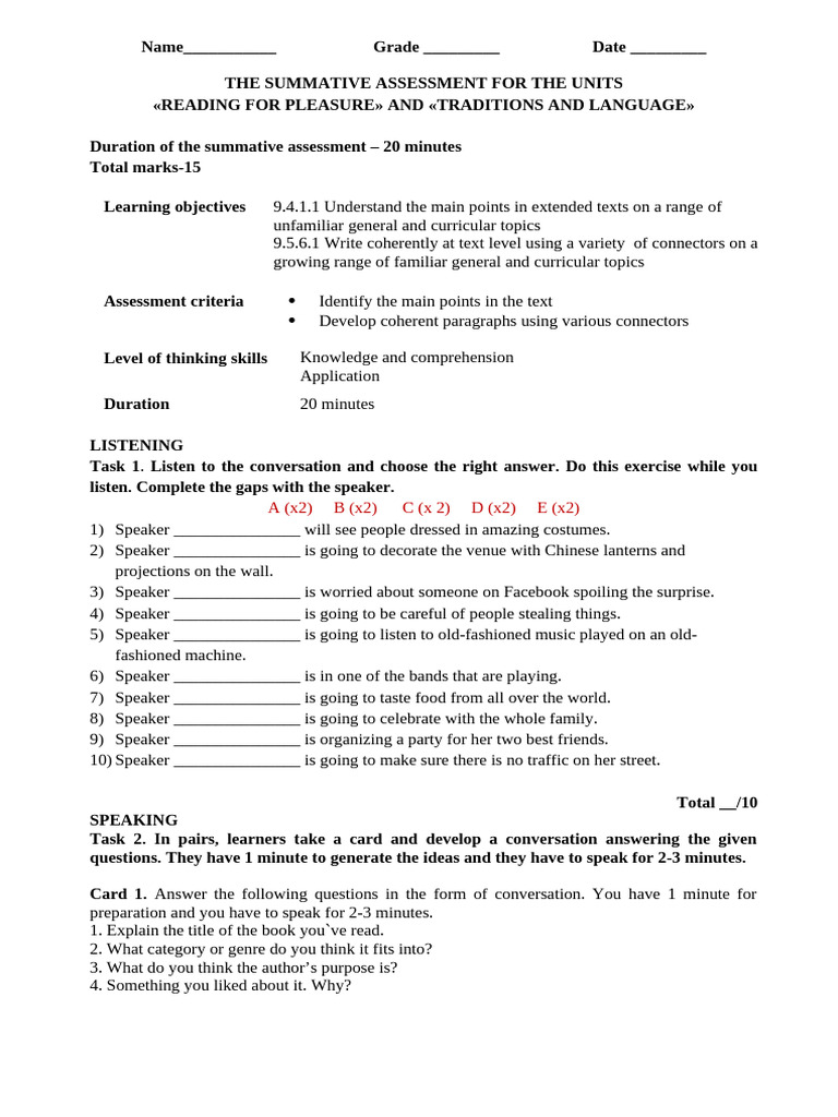 Summative Assessment: Reading Skills Evaluation | PDF | Reading ...