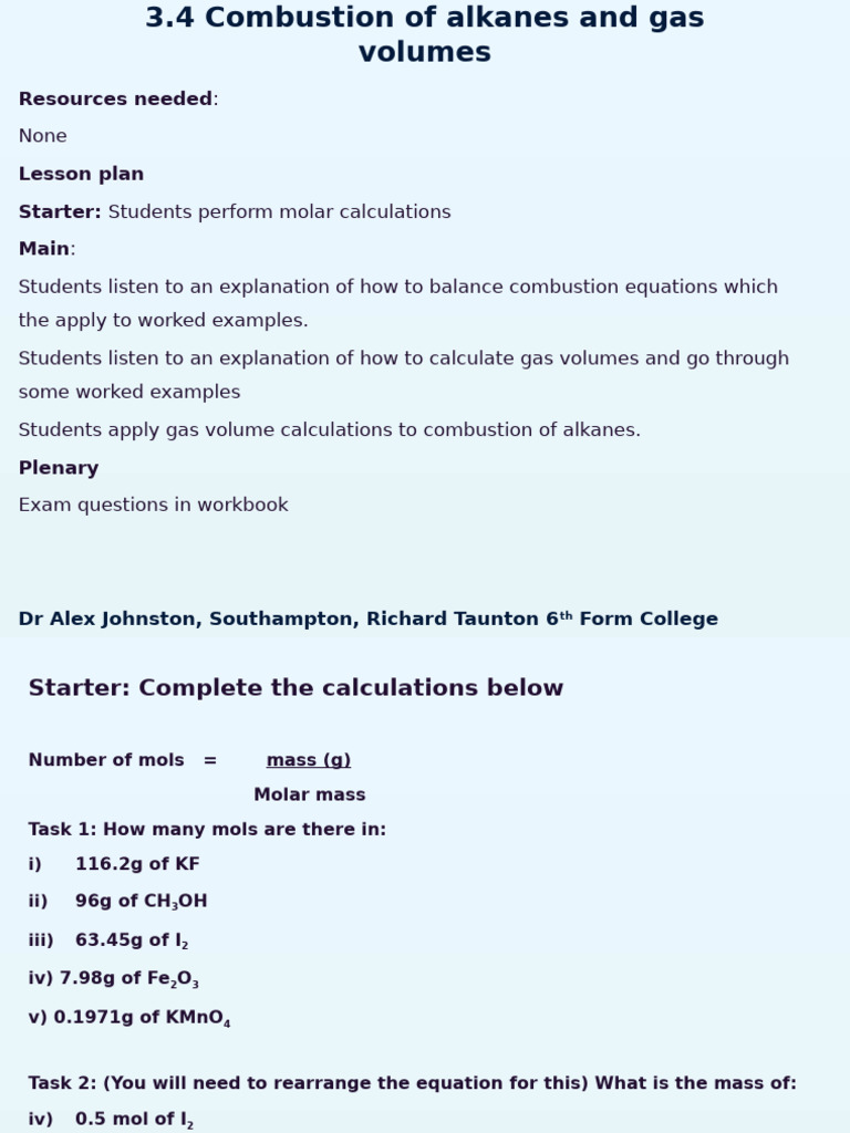 Combustion of Alkanes and Gas Volumes | PDF | Combustion | Mole (Unit)