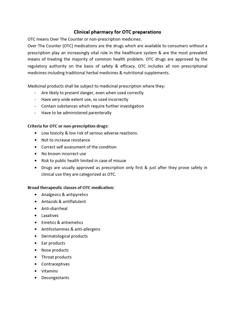 Clinical Pharmacy For OTC Preparations | PDF | Common Cold | Over The ...