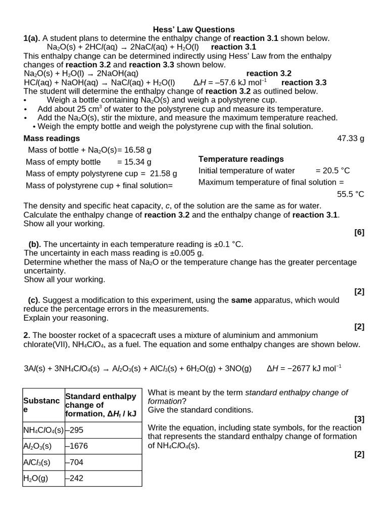 L11 Hess - S Law Questions | PDF | Stoichiometry | Uncertainty