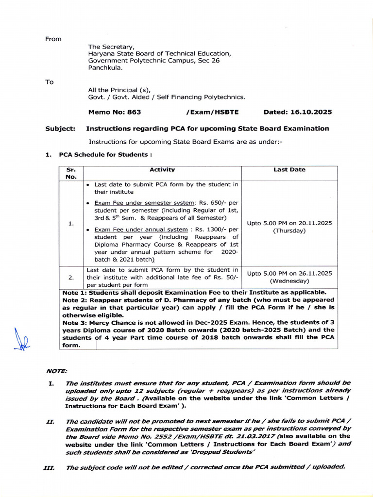 Instructions Regarding PCA For Upcoming State Board Examination | PDF