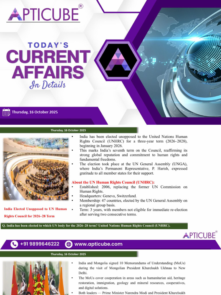 16 October Current Affairs | PDF