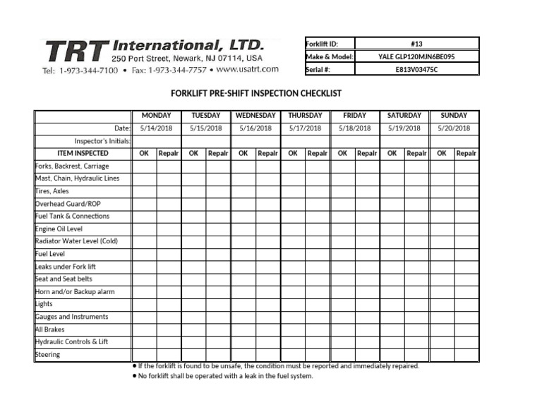 Forklift Pre-Shift Inspection Checklist: Forklift ID: #13 Make & Model ...