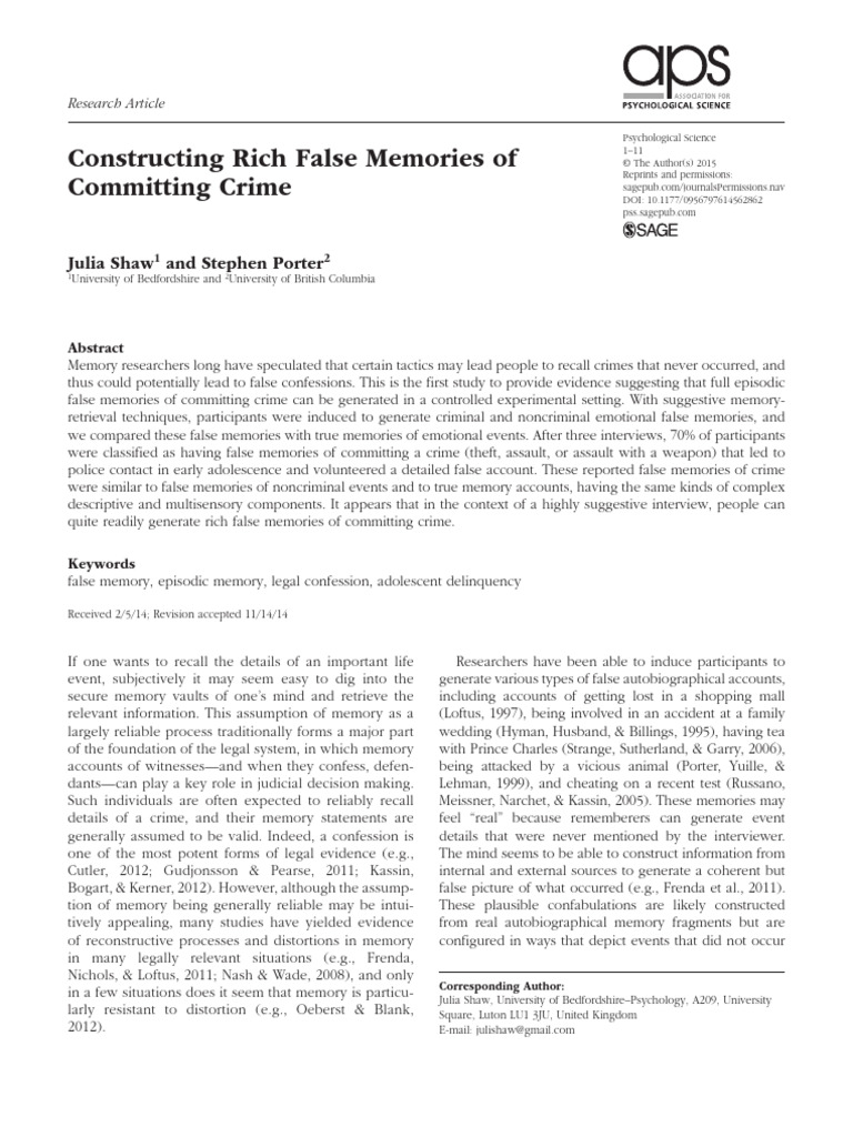Constructing Rich False Memories of Committing Crime. Psychological ...