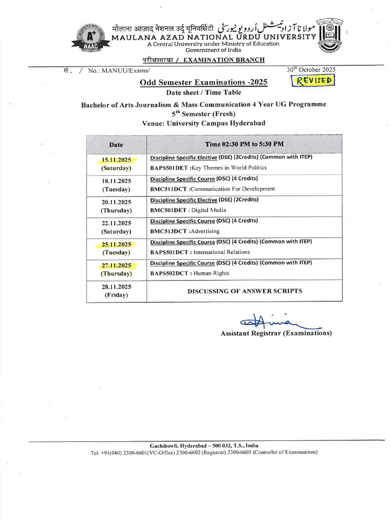 Revised B.A Hons (JMC) 5 Sem Time Table Odd-2025 | PDF