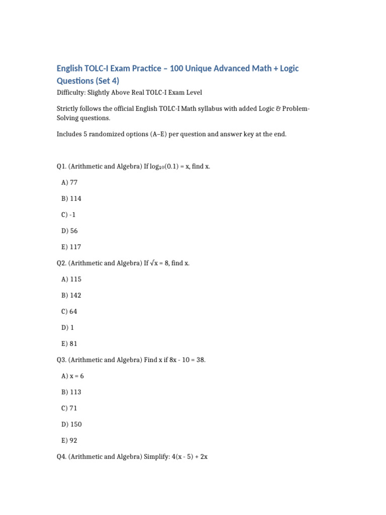 TOLC-I Math 100 Unique Advanced With Logic Set4 | PDF | Area ...