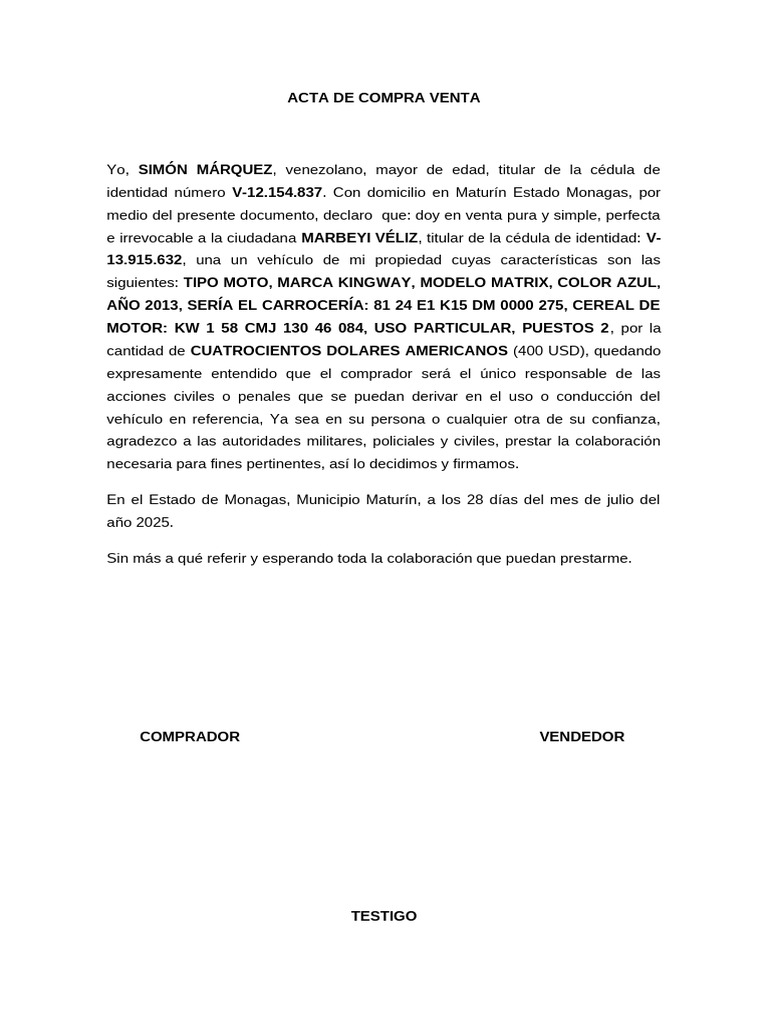 Acta de Compra Venta de Vehículo | PDF