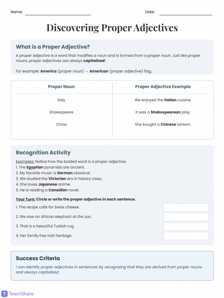 Identify Proper Adjectives Activity | PDF
