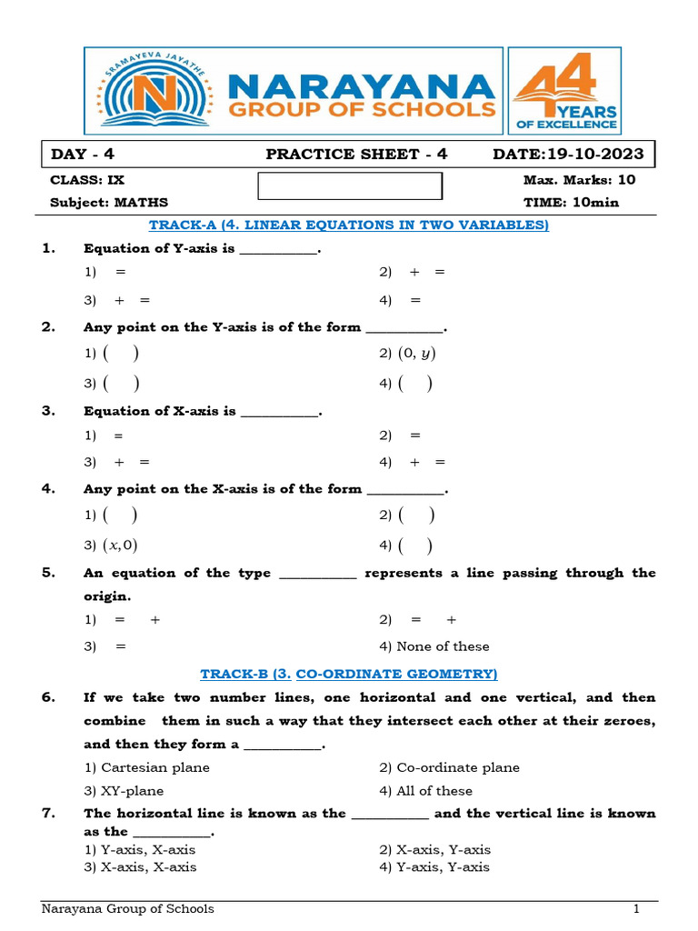 Class IX Maths: Linear Equations Quiz | PDF | Cartesian Coordinate ...