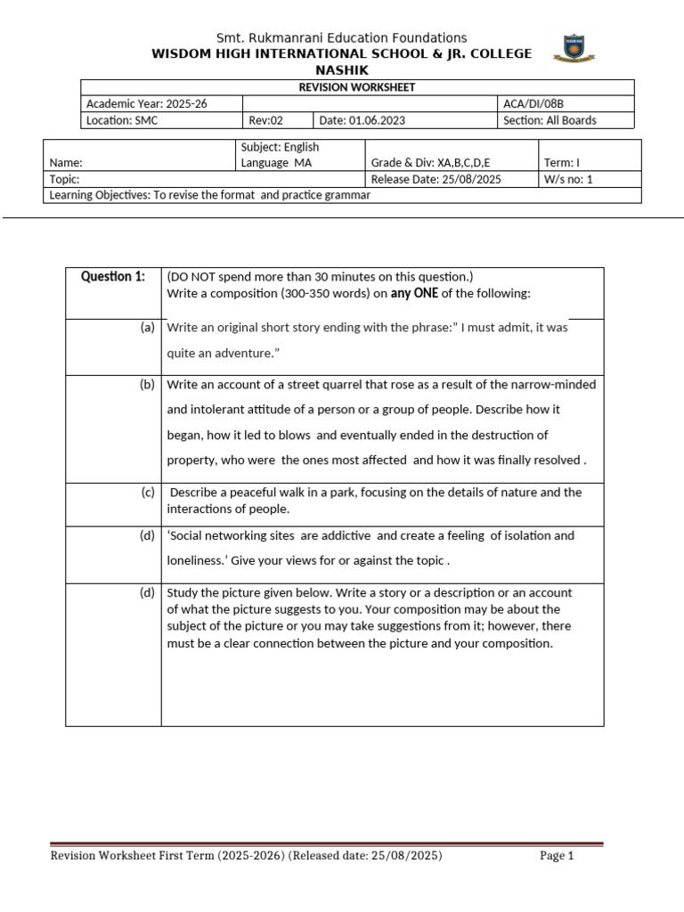 Revision Worksheet Eng Lang 2025-26 - MA | PDF | Elephant