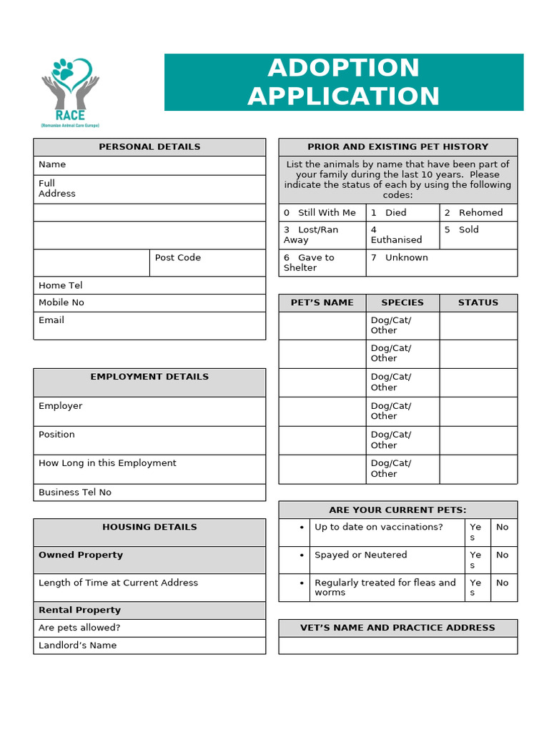 RACE Adoption Application Form (Nov 2018) | PDF | Dogs | Cats