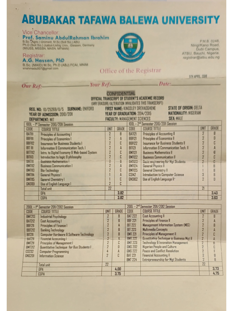 Bachelor's Transcript | PDF