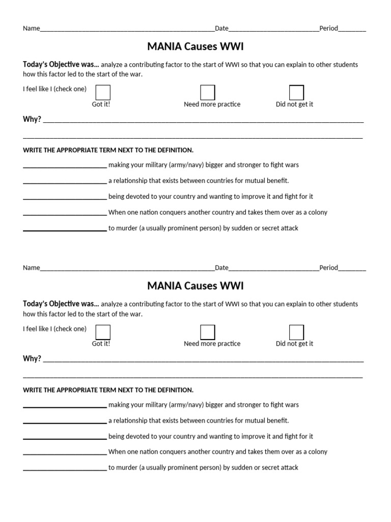 Causes of World War I Exit Ticket | PDF