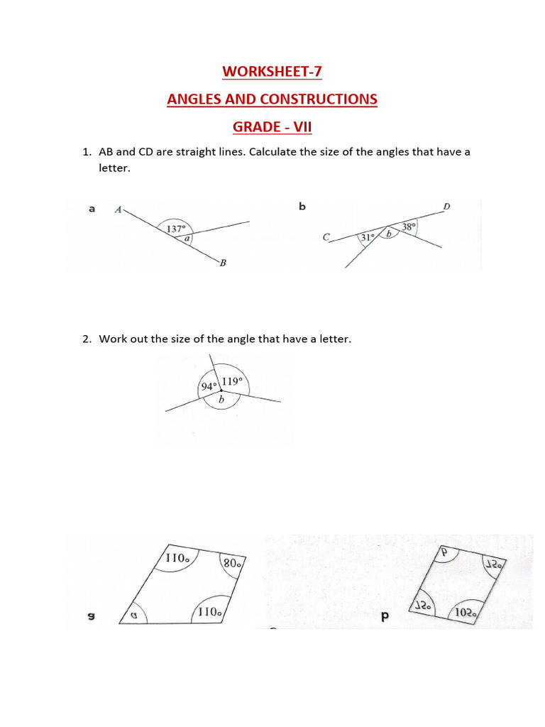 Grade VII Angles and Constructions Worksheet | PDF